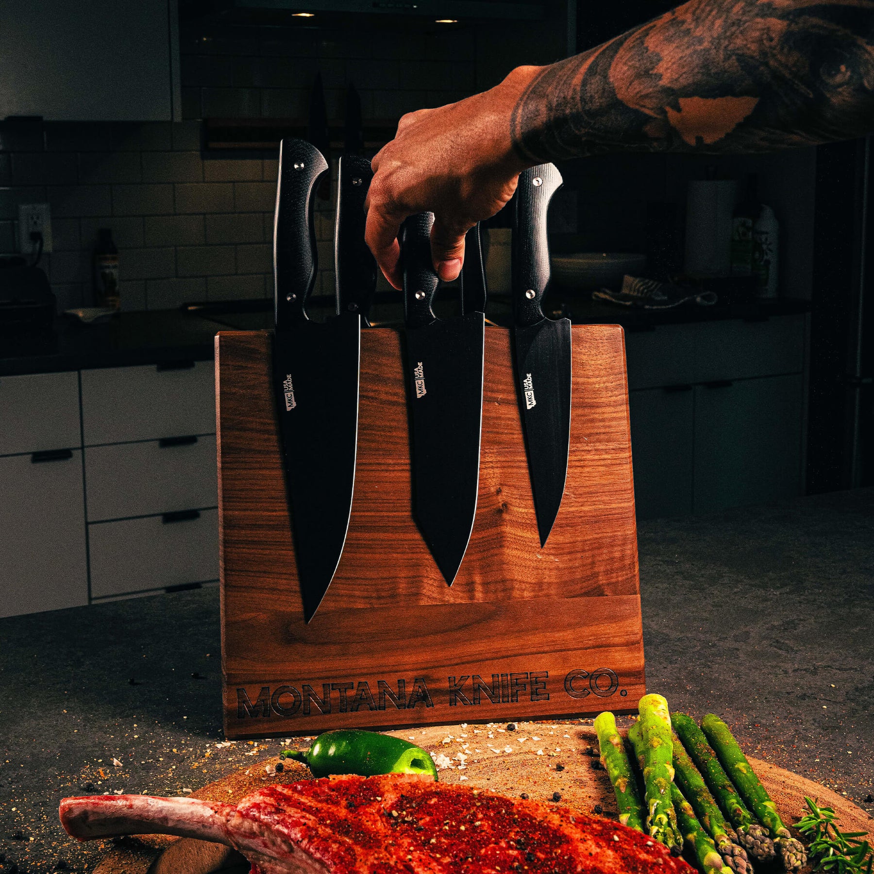MKC CULINARY DOUBLE SIDED KNIFE STAND - DARK WOOD FINISH